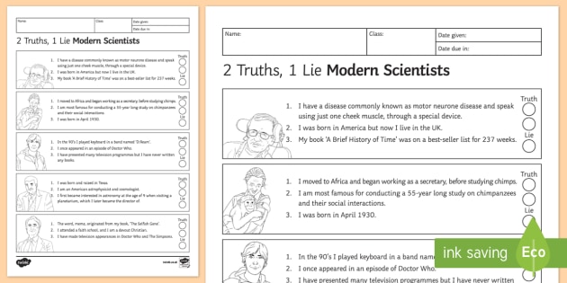 2 Truths, 1 Lie Modern Scientists Homework Worksheet / Worksheet