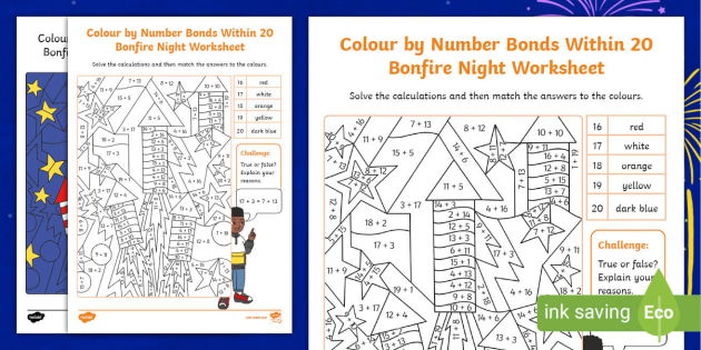 👉 Colour by Number Bonds Within 20 Bonfire Night Worksheet