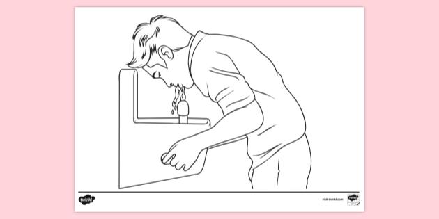 Student Drinking from Water Fountain | Colouring Sheets