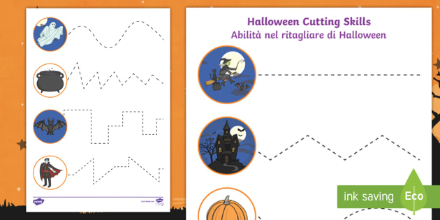 Halloween Themed Scissor Skills Worksheet / Worksheets English/Italian
