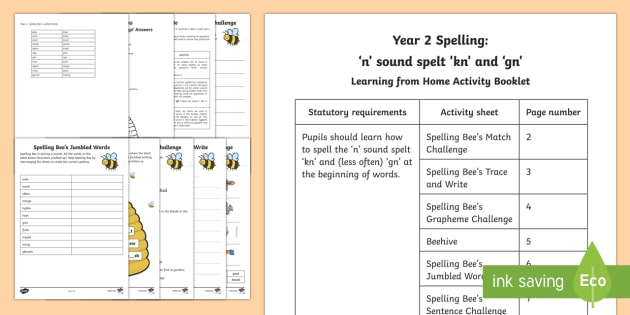 Year 2 Spelling: Short /n/ sound spelt 'gn' and 'kn' Activity Booklet