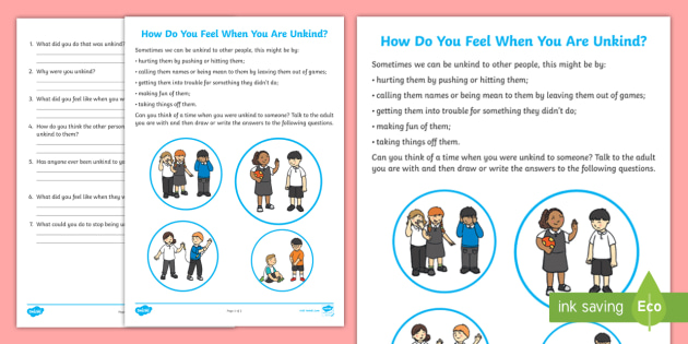 How Do You Feel When You Are Unkind? Worksheet