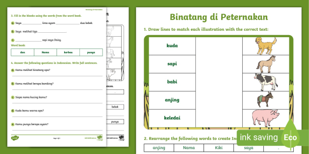 Farm Animals Activity Sheet Indonesian Grammar