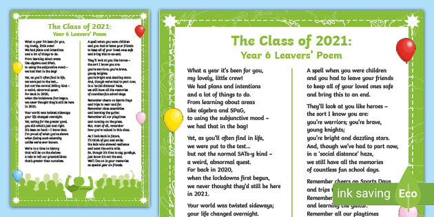 The Class of 2021: Year 6 Leavers' Poem (teacher made)