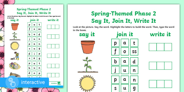 Interactive PDF: Spring-Themed Phase 2 Say It, Join It, Write It Activity