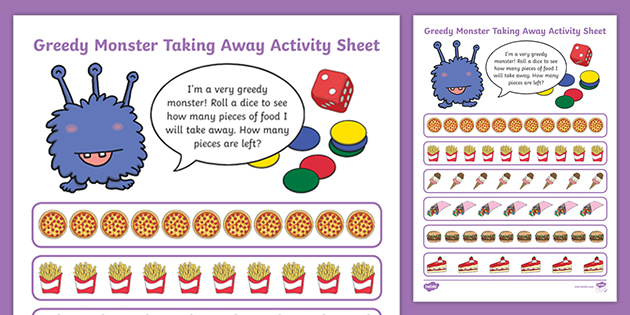 👉 Greedy Monster Taking Away Worksheet (teacher made)