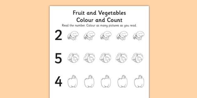 Fruit and Vegetable Themed Count and Colour Sheet