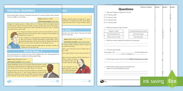 UKS2 Victorian Inventors Differentiated Reading Comprehension Activity