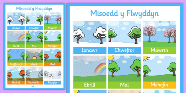 Beautiful Months of the Year in Welsh Display Poster