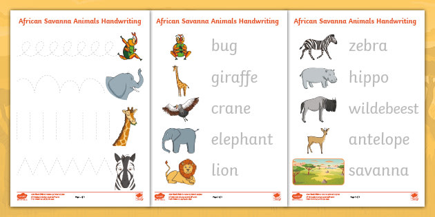 African Savanna Animals Handwriting Worksheets