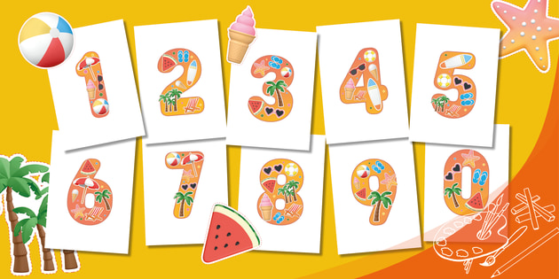 Numbers 0 to 9 Summer-Themed Icons Illustrated Posters Pack