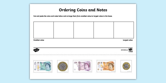 Ordering British Money Using Coins and Notes Activity Sheet
