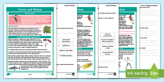 UKS2 Forces and Motion Reading Comprehension Activity