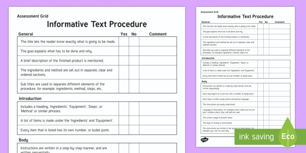 Informative Text Procedure Assessment Tracker (teacher made)