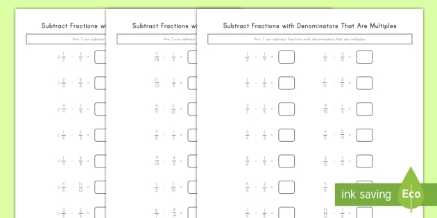 Subtract Fractions Worksheets | Math Teaching Resources 3-5