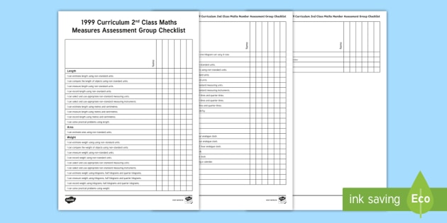 1999 Curriculum 2nd Class Maths Measures Assessment Group Checklist