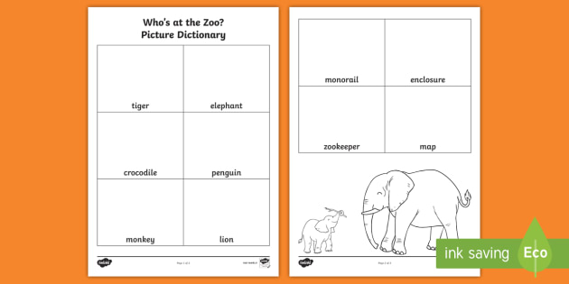 Who's at the Zoo? Picture Dictionary Worksheet / Worksheets