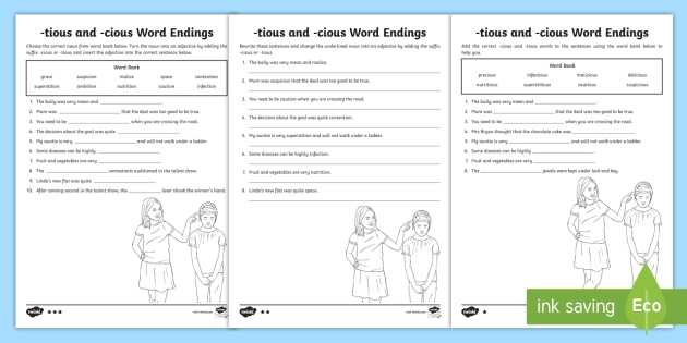 'cious' and 'tious' Words Differentiated Worksheets