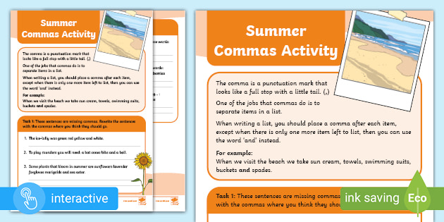 Commas Activity Primary 3 Summer (teacher made)
