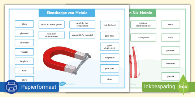 Eienskappe van Metale en Nie-Metale Woordmat (teacher made)