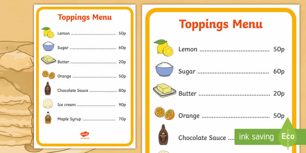 Pancake Cafe Toppings Role Play Menu (teacher made)