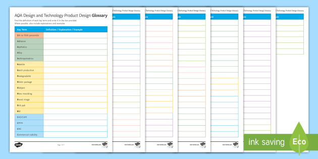 Product Design Glossary Worksheet / Worksheet - English