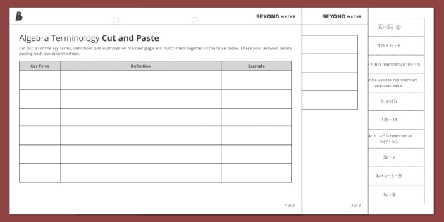 Algebra Terminology - Cut and Paste (creat de profesori)