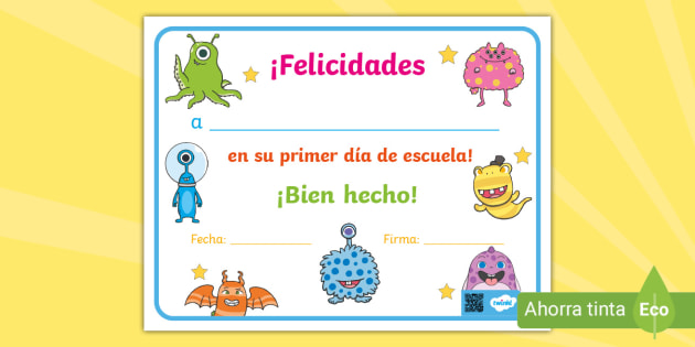 Diploma: Primer día de clases monstruos (teacher made)
