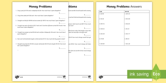 Money Word Problems Worksheet / Worksheet