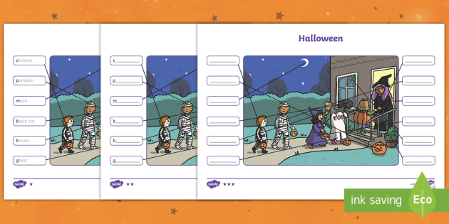 Halloween Aistear Labelling Differentiated Worksheets
