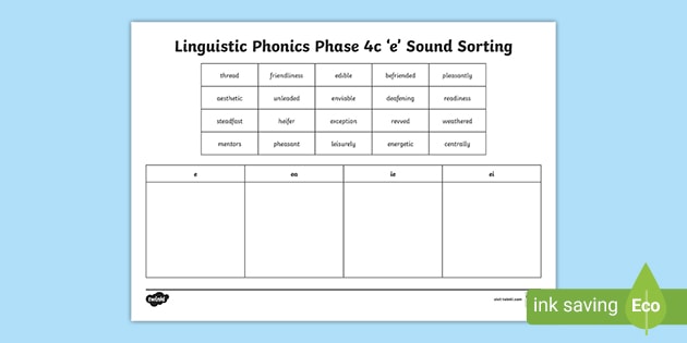 Linguistic Phonics Phase 4c 'e' Sound Sorting Worksheet