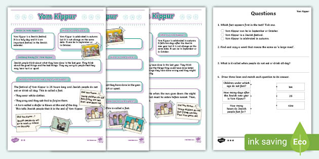 KS1 Yom Kippur Differentiated Reading Comprehension Activity