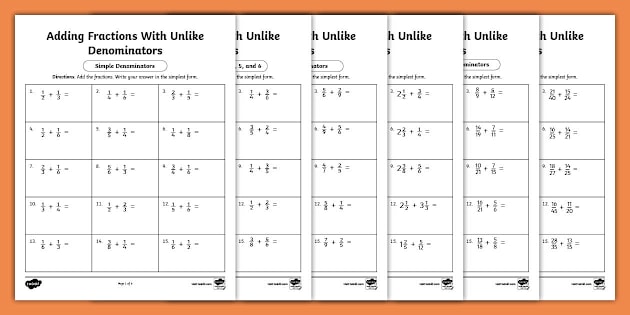 Adding Fractions Unlike Denominator Worksheet