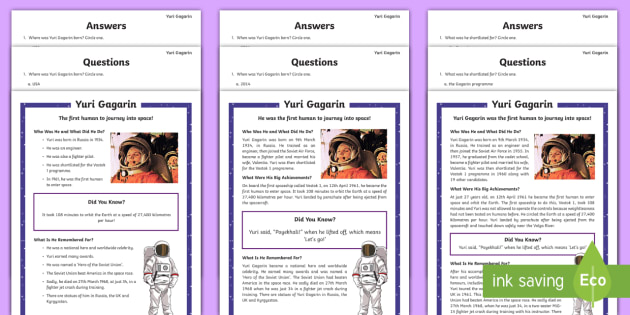 KS1 Yuri Gagarin Differentiated Reading Comprehension Activity