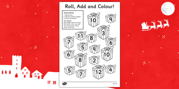 Christmas Present Colour And Roll Addition Activity - christmas themed