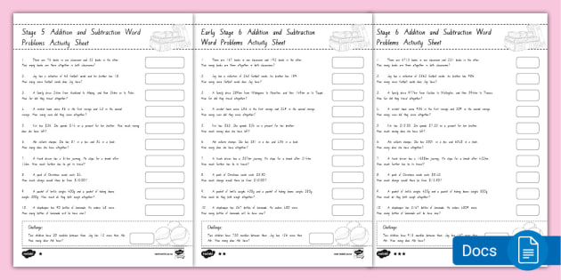 Stages 5 to 6 Addition and Subtraction Word Problem Activity