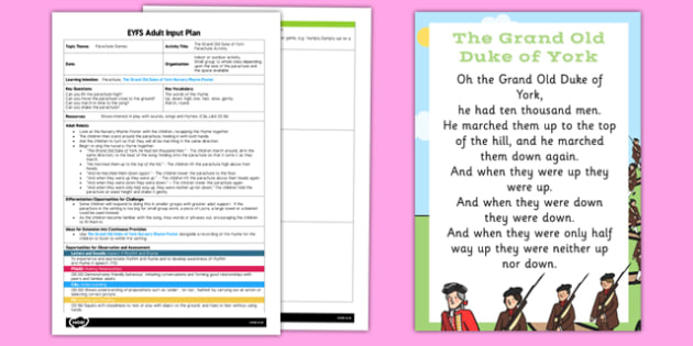 The Grand Old Duke of York Parachute Activity EYFS Adult Input Plan and