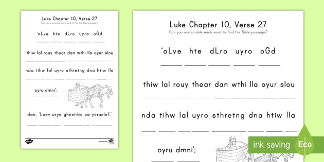 Luke 10:27 Word Unscramble (teacher made)