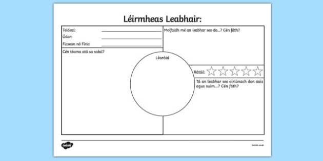 Léirmheas Leabhair Book Review Worksheet Gaeilge