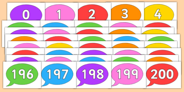 Numbers 0-200 on Colourful Speech Bubbles (teacher made)