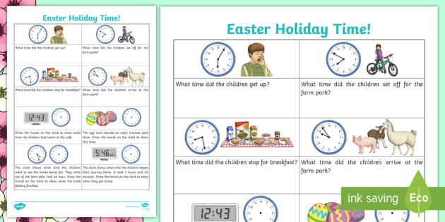 Spring-Themed Easter Holiday Time to the Nearest Minute Worksheet