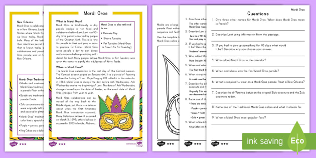 Mardi Gras Differentiated Reading Comprehension Activity - Mardi Gras, Fat