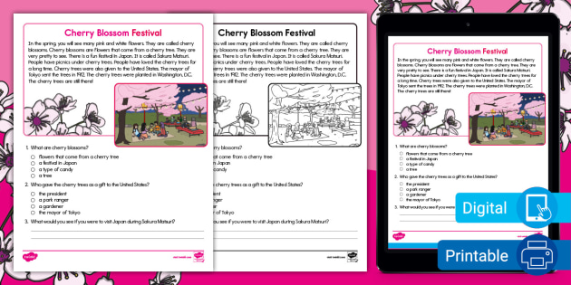 First Grade Cherry Blossom Festival Reading Passage Comprehension Activity