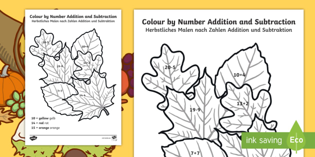 Autumn Colour by Number Addition and Subtraction Up to 20 Sheet