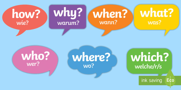 Question Words on Speech Bubbles Display Cut-Outs English/German - EAL