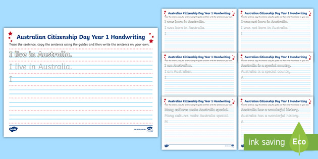 Australian Citizenship Day Year 1 Handwriting Practice Worksheet