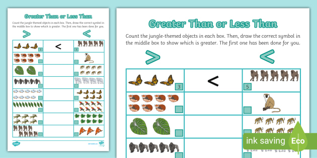Jungle-Themed Greater Than or Less Than up to 10 Worksheet