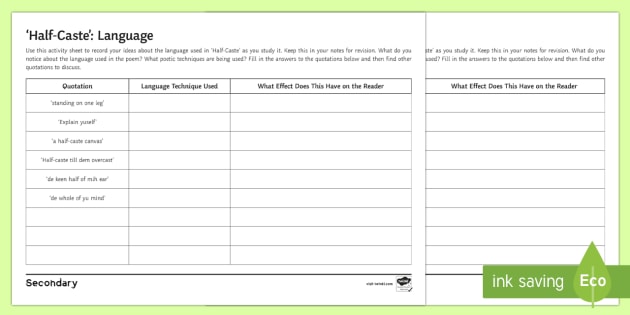 GCSE 'Half-Caste' by John Agard Language Analysis Worksheet / Worksheet