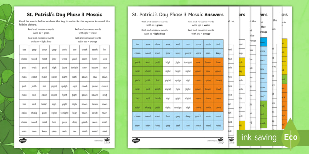 St. Patrick's Day Phase 3 Phonics Mosaic Worksheets