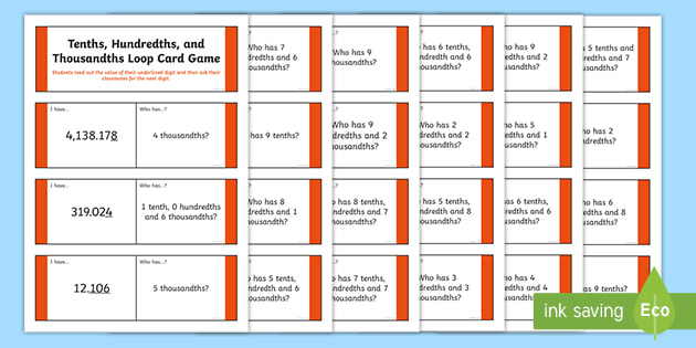 Decimal Cards to the Thousandths Loop Card Game - KS1 Maths